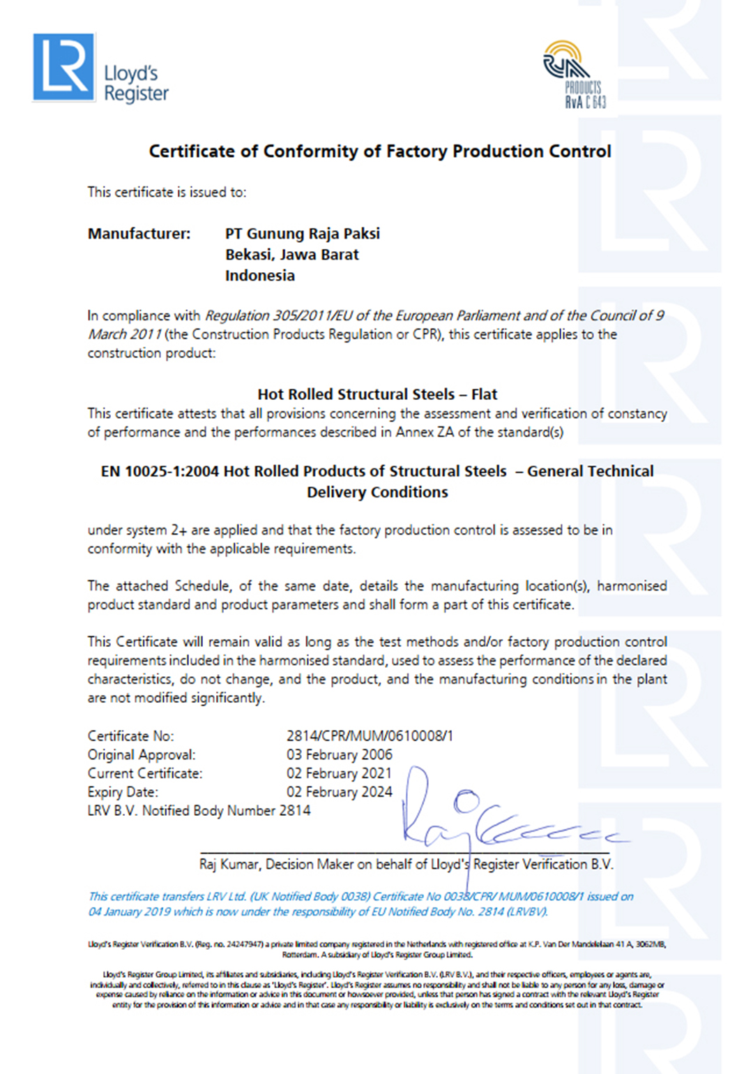 Certification - PT Gunung Raja Paksi Tbk