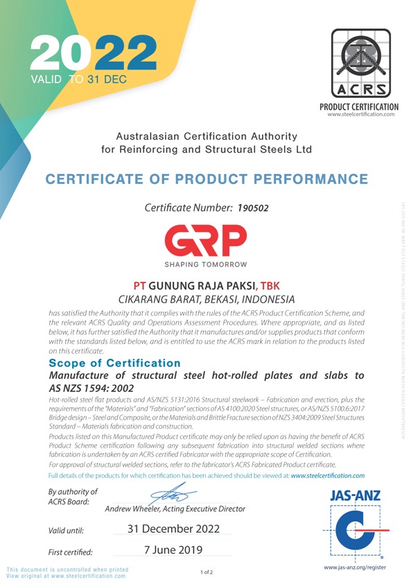 Certification - PT Gunung Raja Paksi Tbk