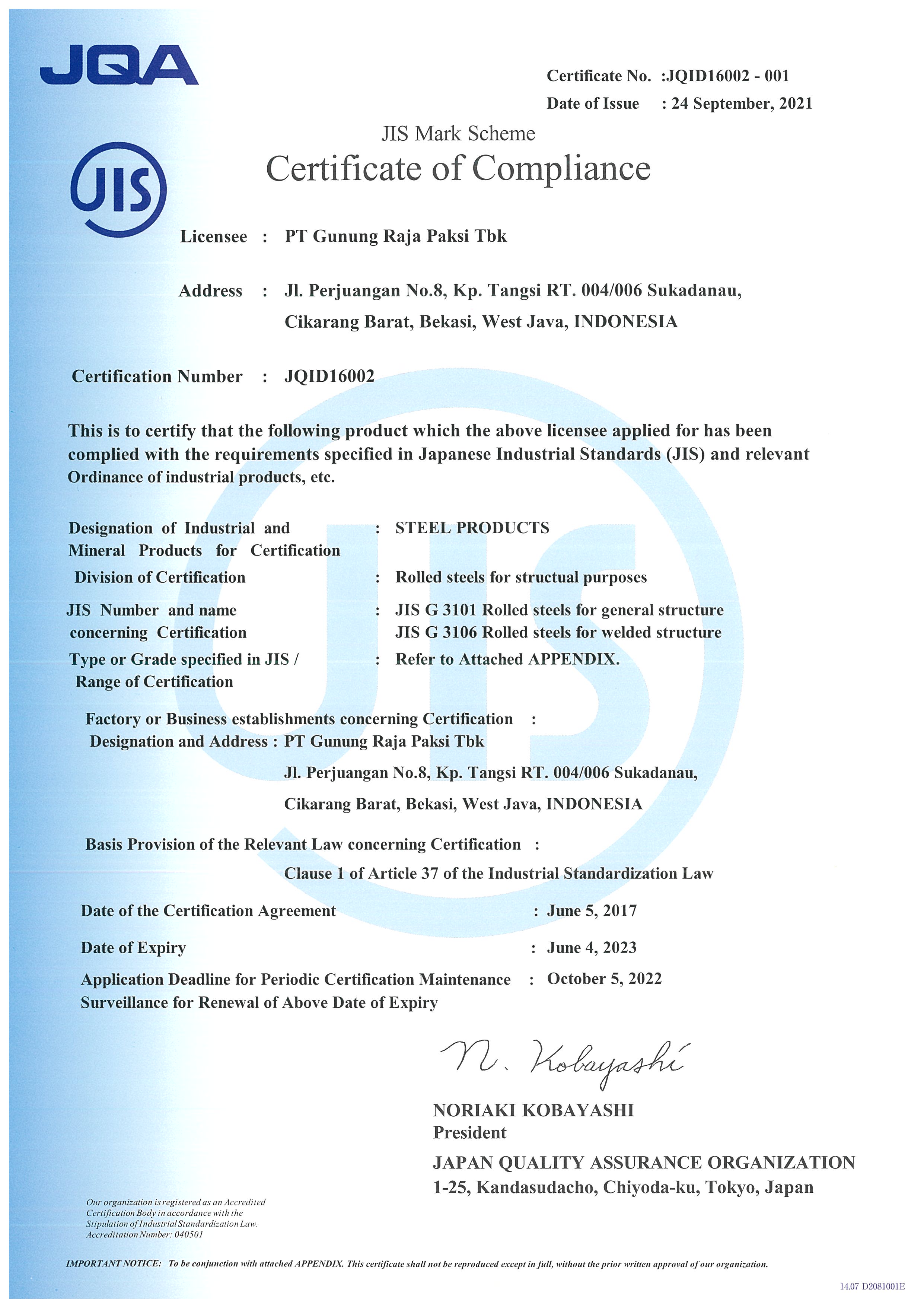 Certification - PT Gunung Raja Paksi Tbk